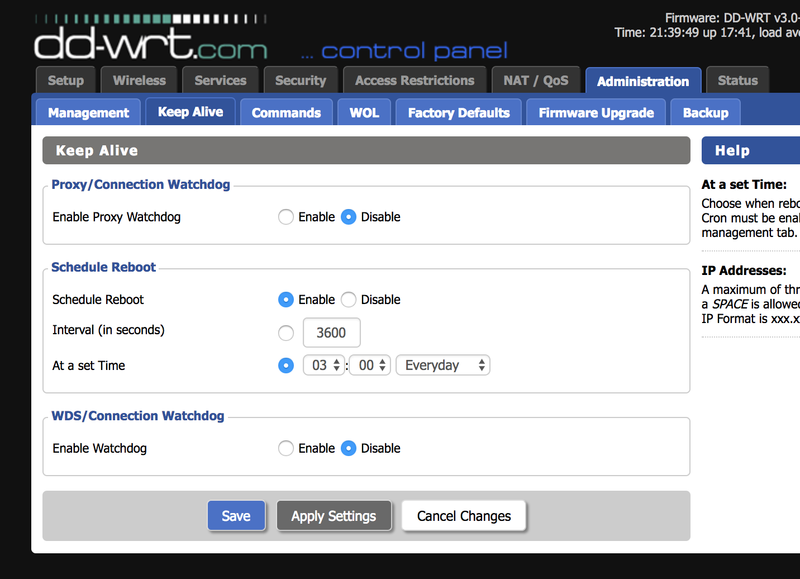 DD-WRT scheduled reboot (with cron fallback) DD-WRT scheduled reboot (with cron fallback)