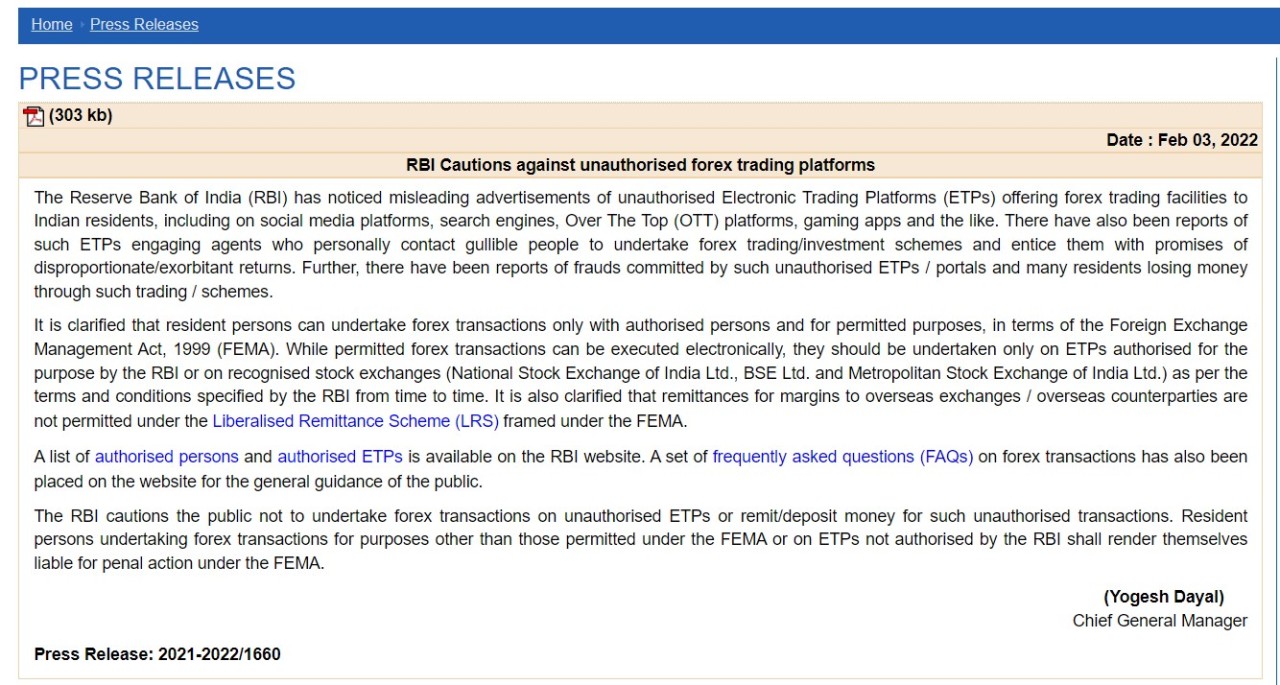 RBI Cautions against unauthorised Forex Trading Platforms RBI Cautions against unauthorised Forex Trading Platforms