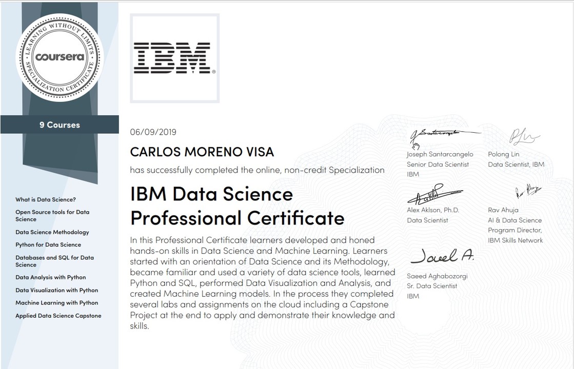 IBM Data Science Professional Certificate. I got it! IBM Data Science Professional Certificate. I got it!