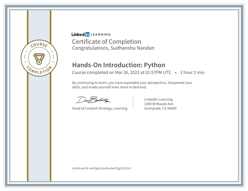 Sudhanshu Nandan on LinkedIn: Certificate of Completion Sudhanshu Nandan on LinkedIn: Certificate of Completion