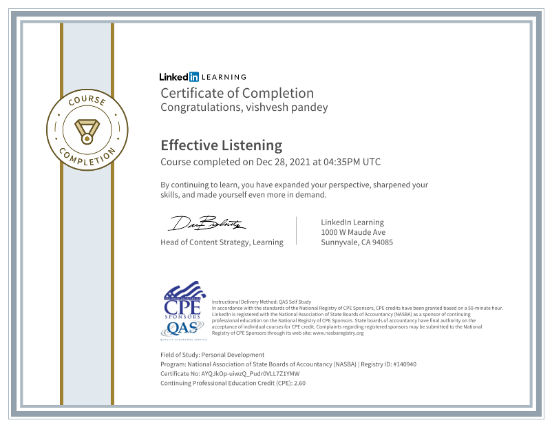 Vishvesh Pandey on LinkedIn: Certificate of Completion Vishvesh Pandey on LinkedIn: Certificate of Completion
