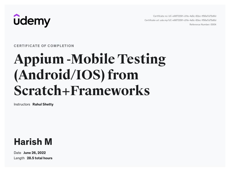 Harish M on LinkedIn: Successfully completed the Appium Automation ... Harish M on LinkedIn: Successfully completed the Appium Automation ...
