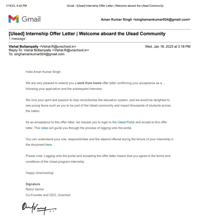 Aman Kumar Singh on LinkedIn: #internship #unschool Aman Kumar Singh on LinkedIn: #internship #unschool