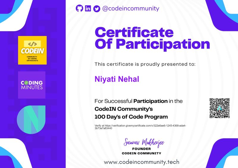 Niyati Nehal on LinkedIn: #codeincommunity #100daysofcodechallenge Niyati Nehal on LinkedIn: #codeincommunity #100daysofcodechallenge