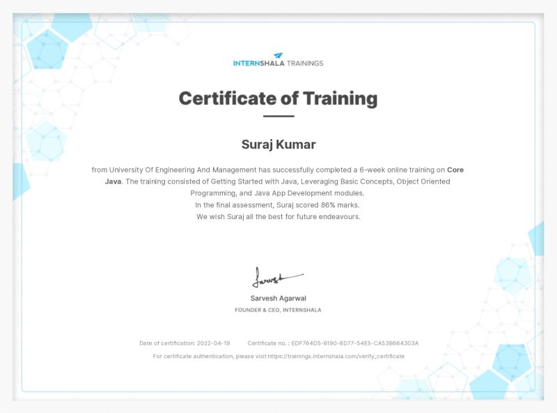 Suraj Kumar on LinkedIn: #internshala #training #java Suraj Kumar on LinkedIn: #internshala #training #java