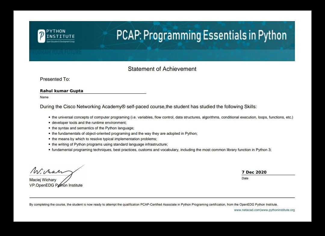 Rahul Kumar Gupta on LinkedIn: #python #cisco #programming #pythoninstitute Rahul Kumar Gupta on LinkedIn: #python #cisco #programming #pythoninstitute