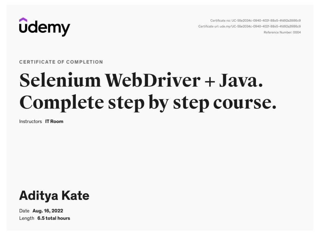 Aditya Kate on LinkedIn: #completioncertificate #automation #selenium # ... Aditya Kate on LinkedIn: #completioncertificate #automation #selenium # ...