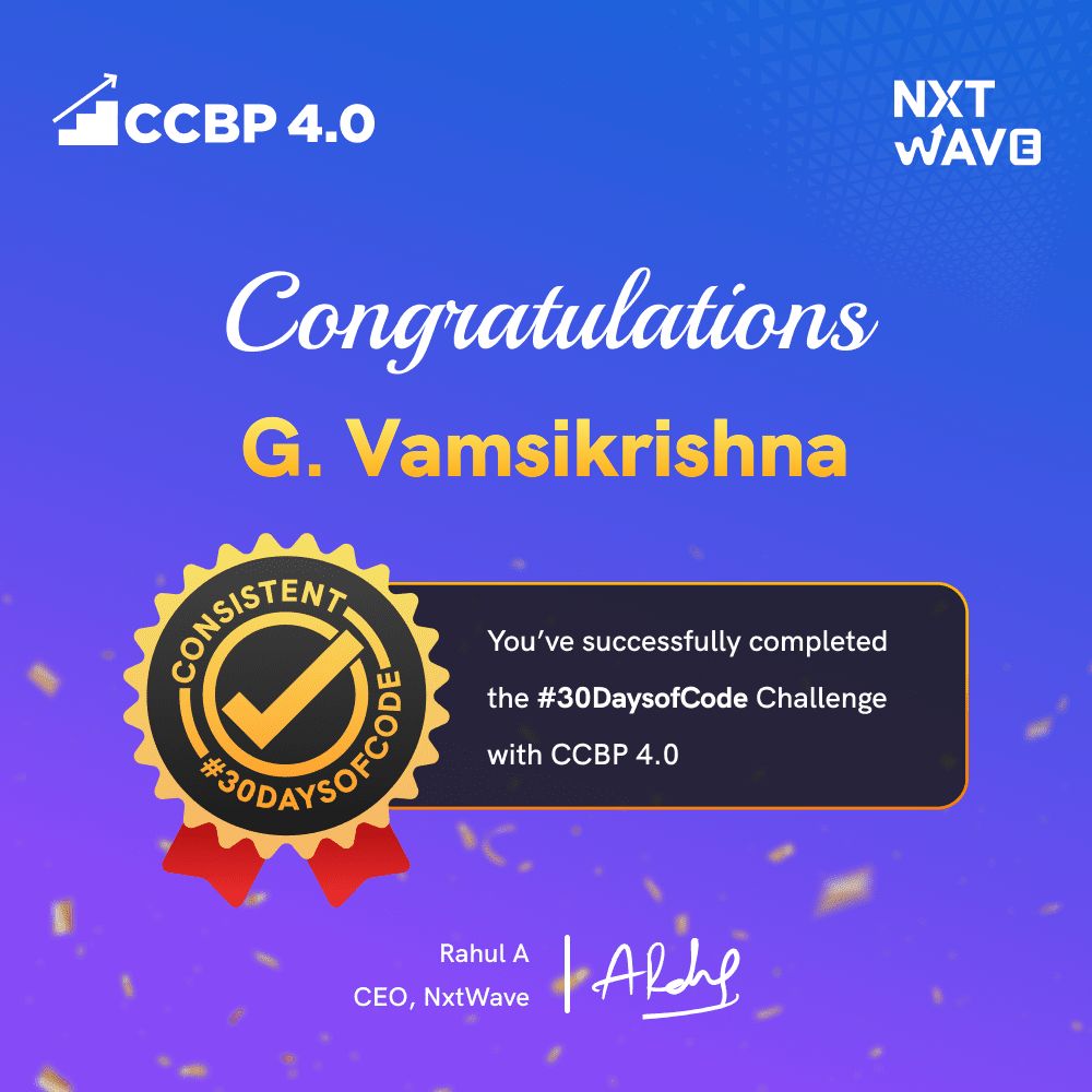 Vamsi Krishna G on LinkedIn: #30daysofcodechallenge #coding Vamsi Krishna G on LinkedIn: #30daysofcodechallenge #coding