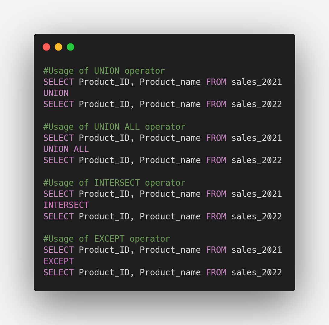Dheeraj S Kulkarni on LinkedIn: #sql #setoperators #mysql #sqlserver # ... Dheeraj S Kulkarni on LinkedIn: #sql #setoperators #mysql #sqlserver # ...