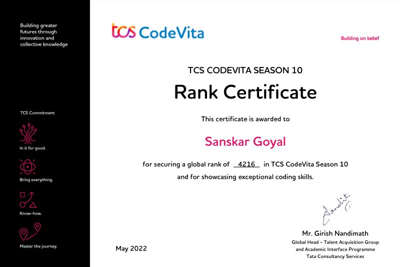Sanskar Goyal on LinkedIn: #interview #tcscodevita Sanskar Goyal on LinkedIn: #interview #tcscodevita