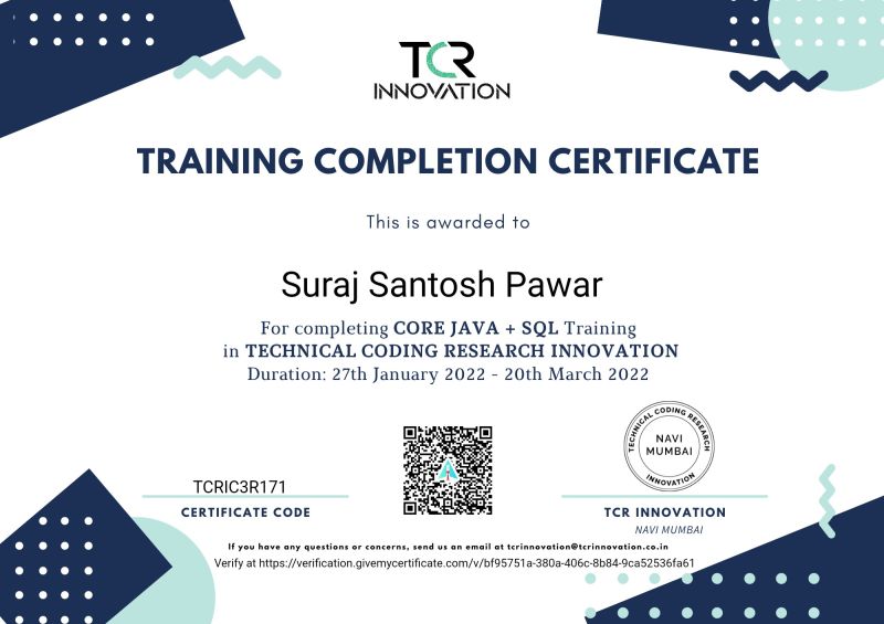 Suraj Pawar on LinkedIn: #tcrinnovation #internship #sql #java #corejava Suraj Pawar on LinkedIn: #tcrinnovation #internship #sql #java #corejava