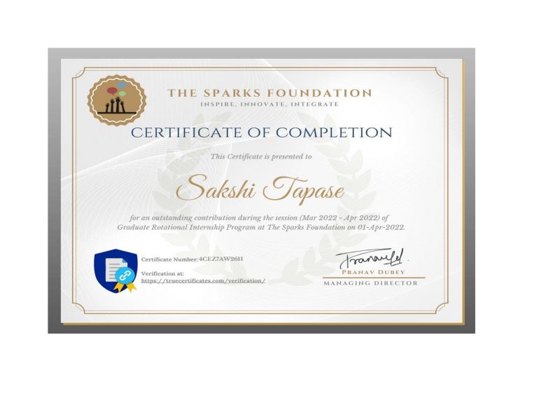Sakshi Tapase on LinkedIn: #thesparksfoundation #certificateofcompletion Sakshi Tapase on LinkedIn: #thesparksfoundation #certificateofcompletion