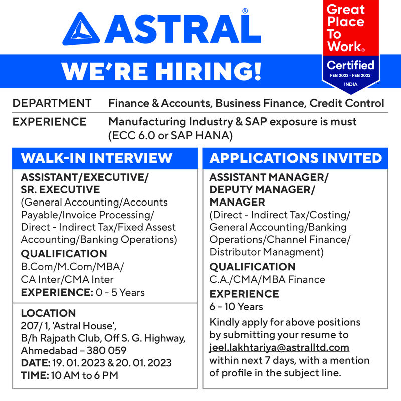 Kinool Gohel on LinkedIn: #astral #walkininterview #ahmedabad #finance Kinool Gohel on LinkedIn: #astral #walkininterview #ahmedabad #finance