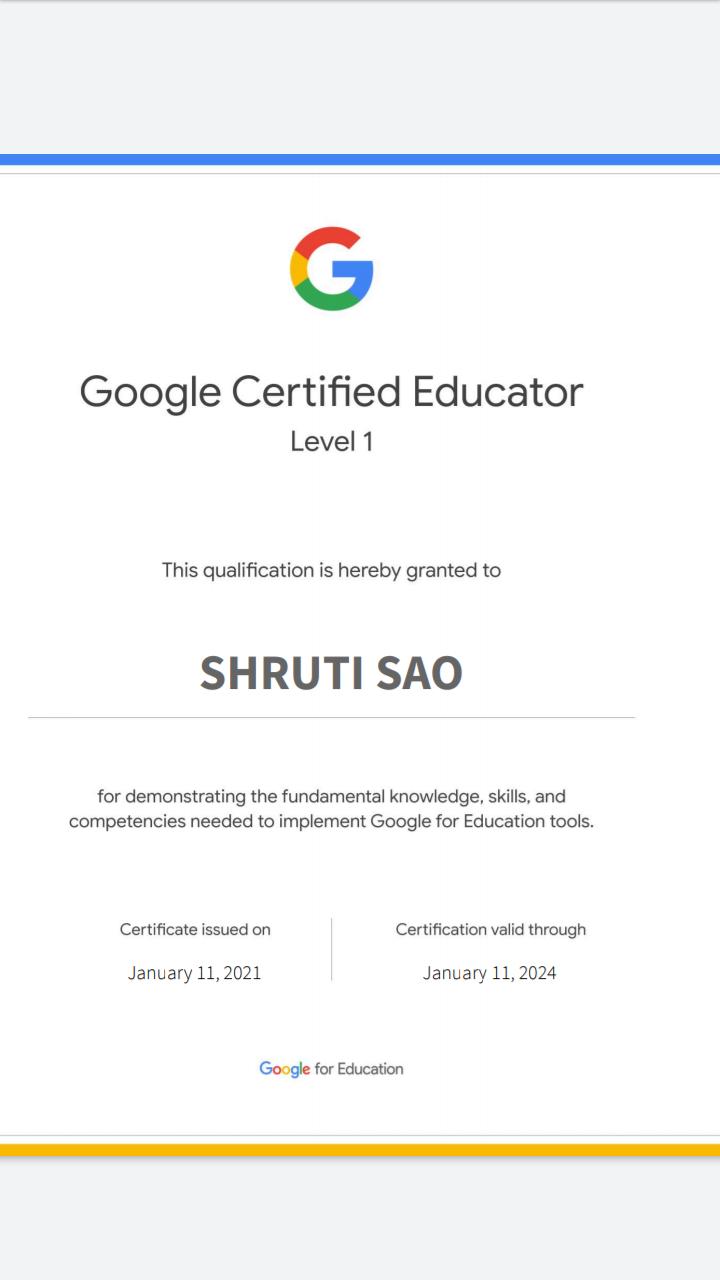 Shruti Sao on LinkedIn: #success #googleeducator #level1 #google Shruti Sao on LinkedIn: #success #googleeducator #level1 #google