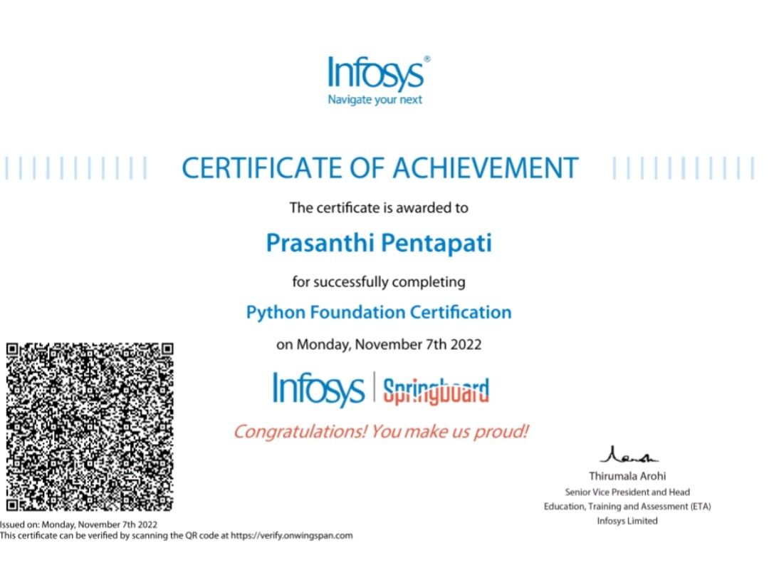 Prasanthi Pentapati on LinkedIn: #infosysspringboard Prasanthi Pentapati on LinkedIn: #infosysspringboard