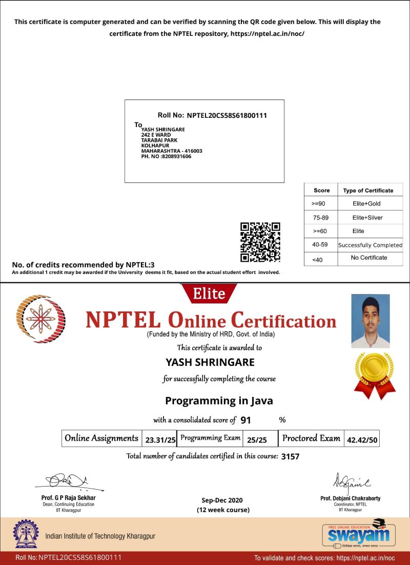Yash Shringare on LinkedIn: #nptel #java #iitkharagpur Yash Shringare on LinkedIn: #nptel #java #iitkharagpur