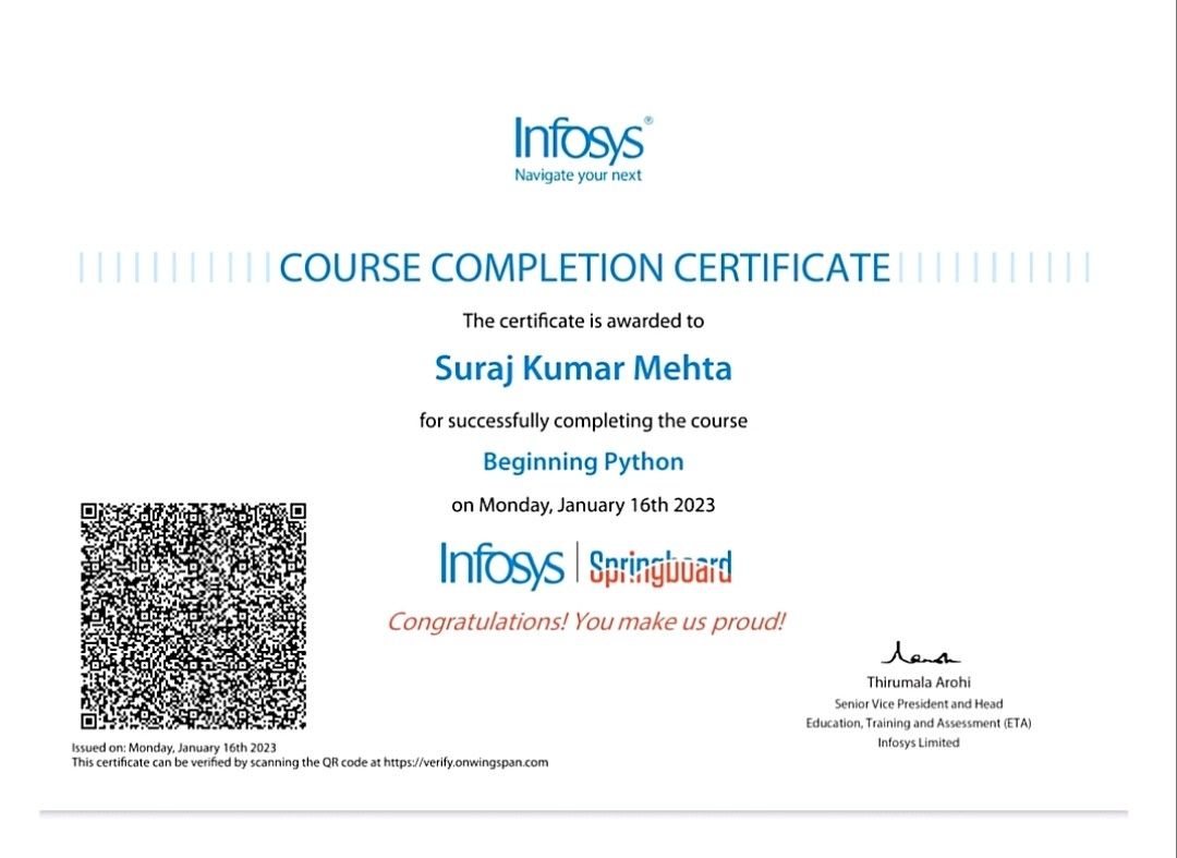 SURAJ KUMAR MEHTA on LinkedIn: #infosys #thankyou #infosysspringboard # ... SURAJ KUMAR MEHTA on LinkedIn: #infosys #thankyou #infosysspringboard # ...