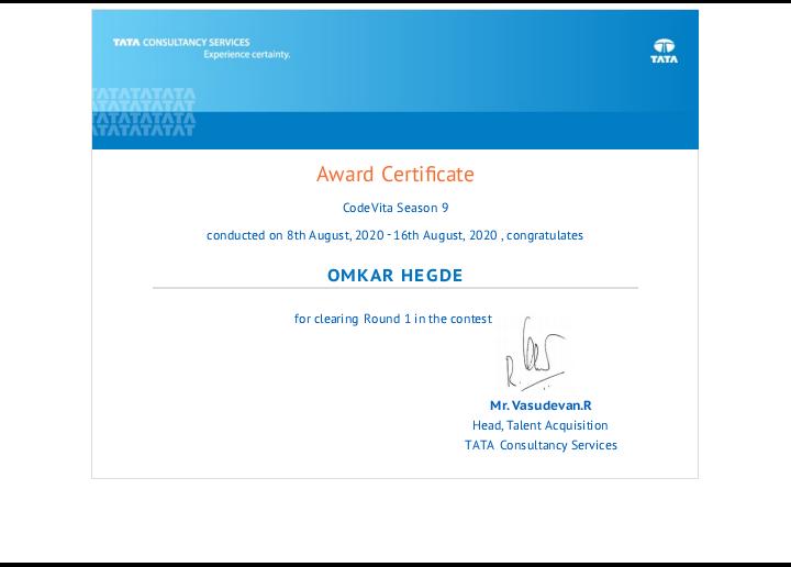 Omkar Hegde on LinkedIn: #tcscodevita Omkar Hegde on LinkedIn: #tcscodevita