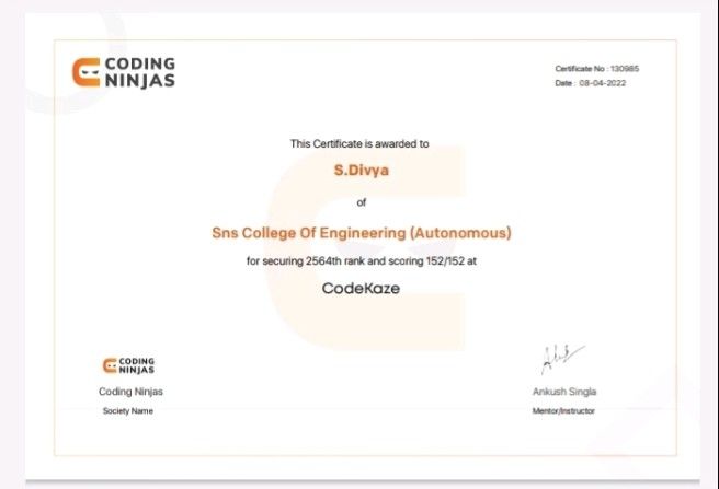 S. Divya on LinkedIn: #codingninjas #codekaze S. Divya on LinkedIn: #codingninjas #codekaze