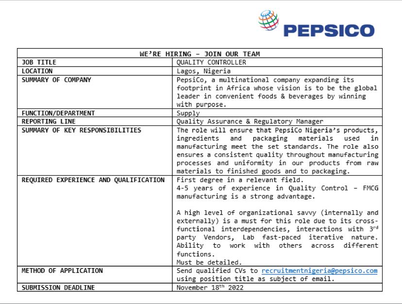 Temitope Ajijola, PCHRM on LinkedIn: PepsiCo Nigeria is hiring! Temitope Ajijola, PCHRM on LinkedIn: PepsiCo Nigeria is hiring!