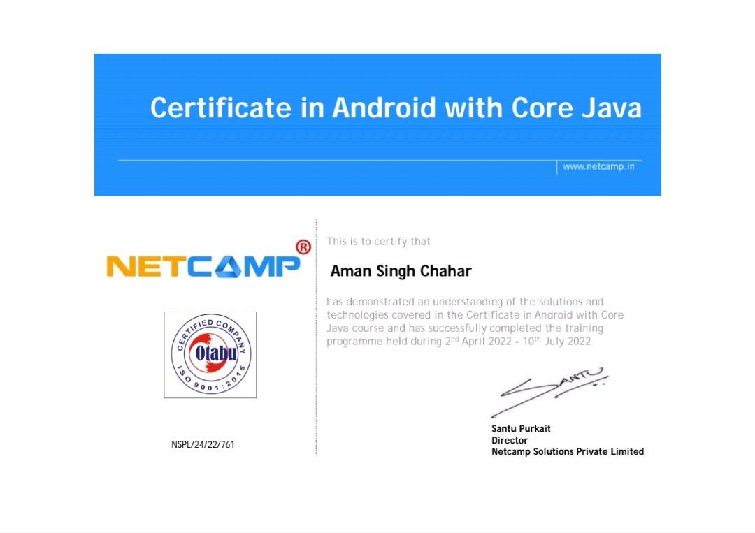 Aman Singh Chahar on LinkedIn: certificate in Android with core Java Aman Singh Chahar on LinkedIn: certificate in Android with core Java