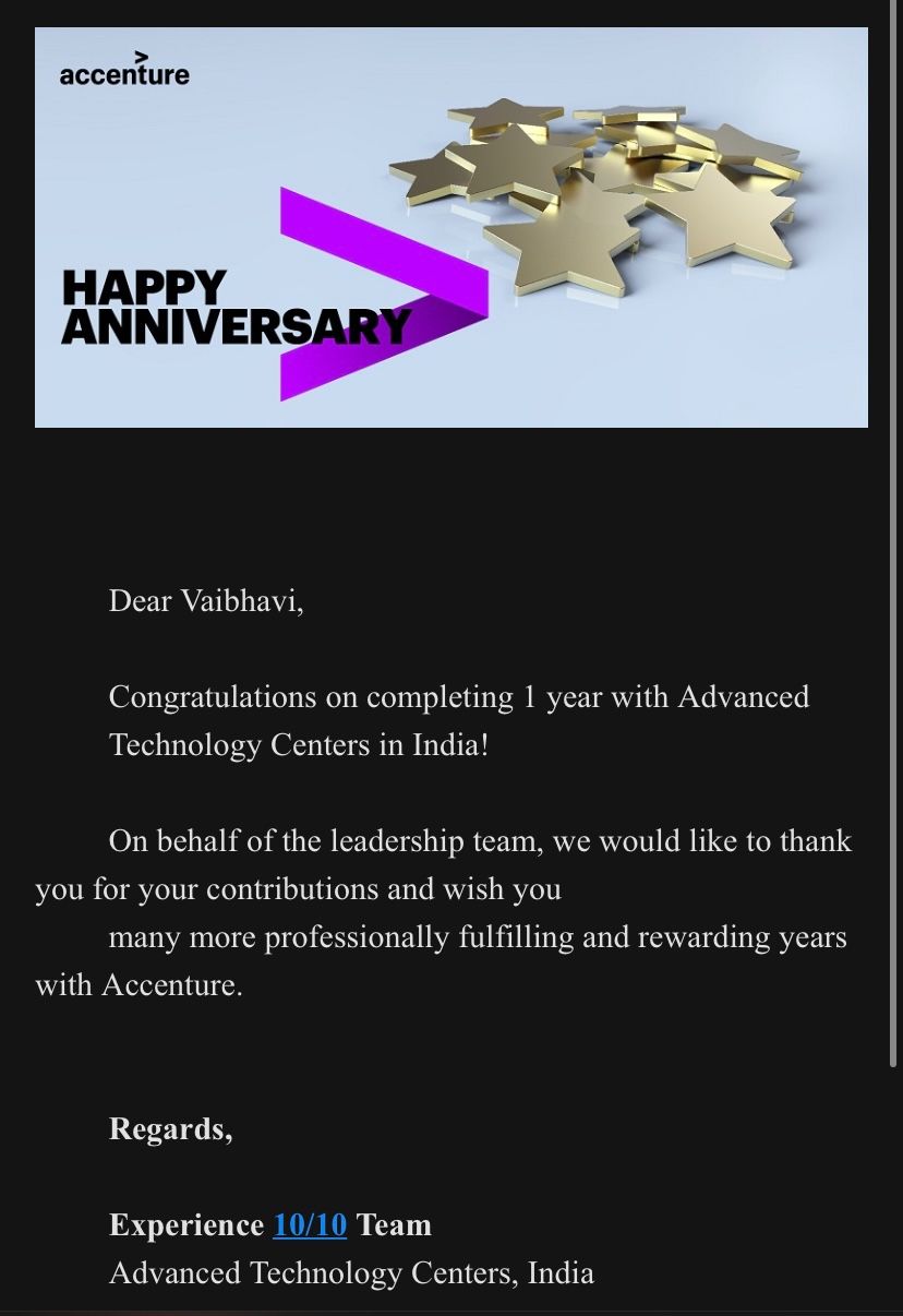 Vaibhavi Patil on LinkedIn: #accenture #accentureoneyear Vaibhavi Patil on LinkedIn: #accenture #accentureoneyear