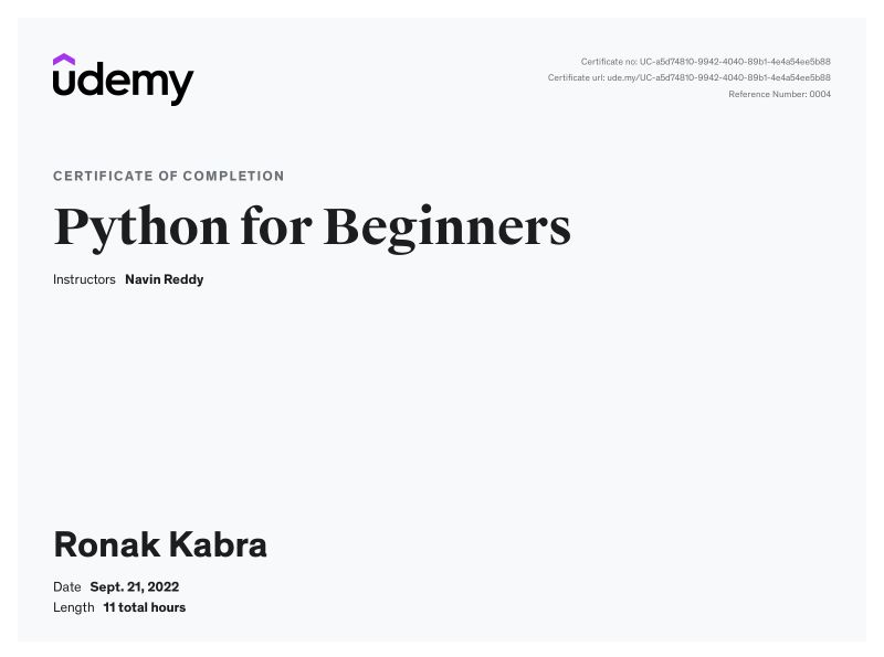 Ronak Kabra (He/Him) on LinkedIn: #python #programming #udemy #certified Ronak Kabra (He/Him) on LinkedIn: #python #programming #udemy #certified