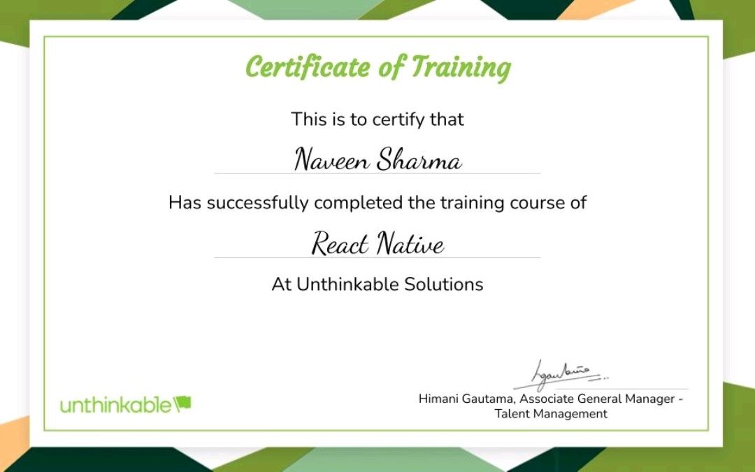 Naveen Sharma on LinkedIn: Successfully Completed React Native Training.. Naveen Sharma on LinkedIn: Successfully Completed React Native Training..