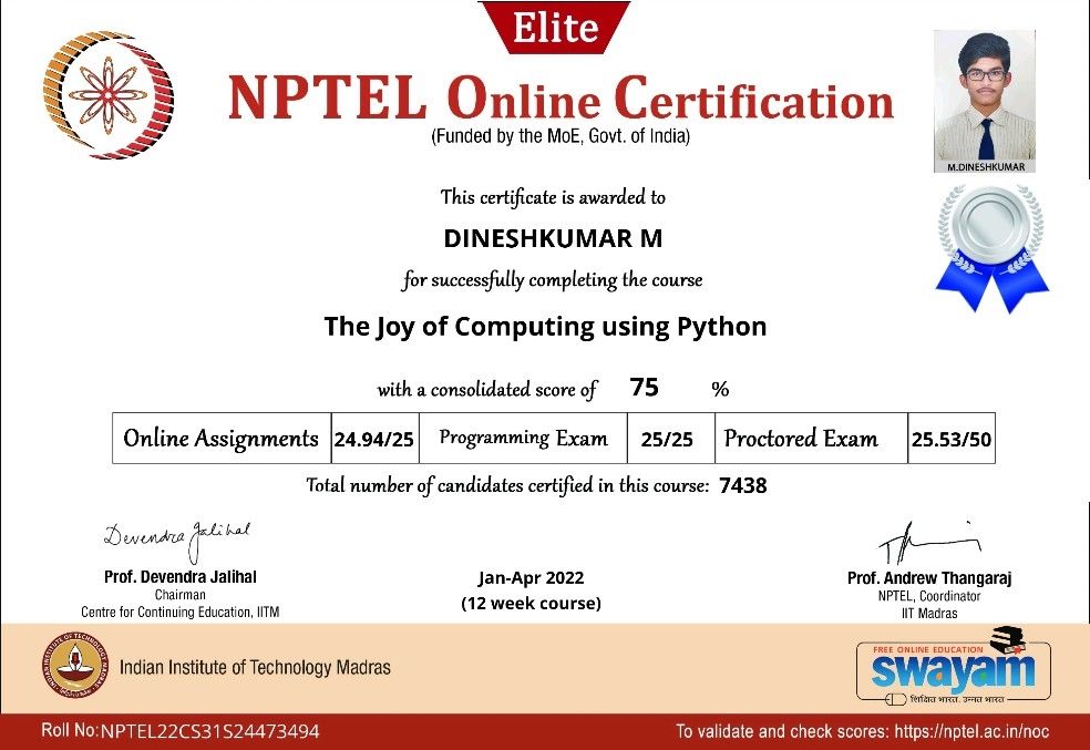 Dineshkumar M on LinkedIn: #python #nptel #thejoyofcomputingusingpython Dineshkumar M on LinkedIn: #python #nptel #thejoyofcomputingusingpython