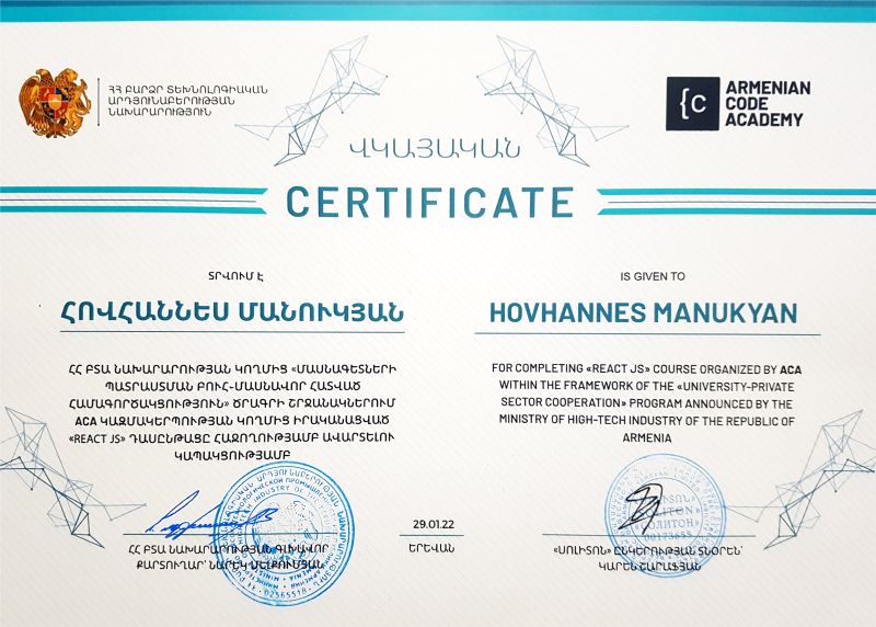 Hovhannes Manukyan on LinkedIn: #reactjs #javascript #certificate Hovhannes Manukyan on LinkedIn: #reactjs #javascript #certificate
