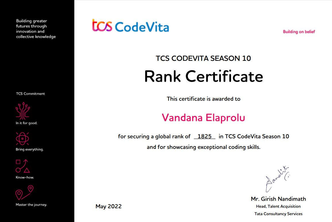 Vandana Elaprolu on LinkedIn: #tcs #codevita #learning #experience # ... Vandana Elaprolu on LinkedIn: #tcs #codevita #learning #experience # ...