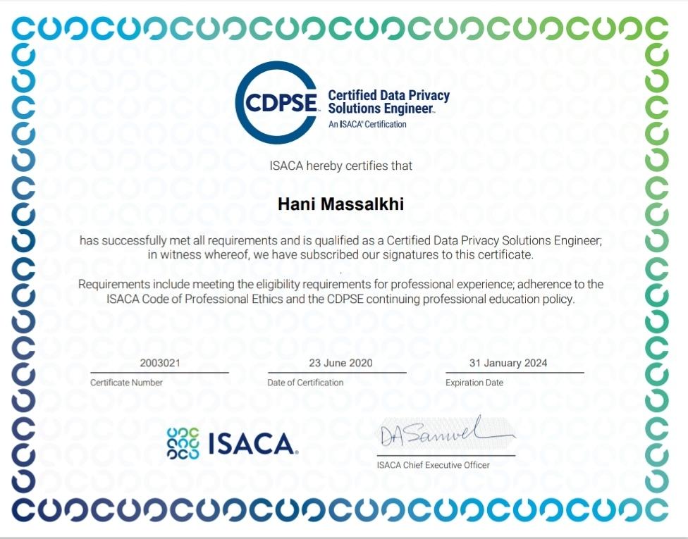 Hani Massalkhi, MSc, CISA, CISM, CGEIT, CRISC, CDPSE on LinkedIn: I'm ... Hani Massalkhi, MSc, CISA, CISM, CGEIT, CRISC, CDPSE on LinkedIn: I'm ...