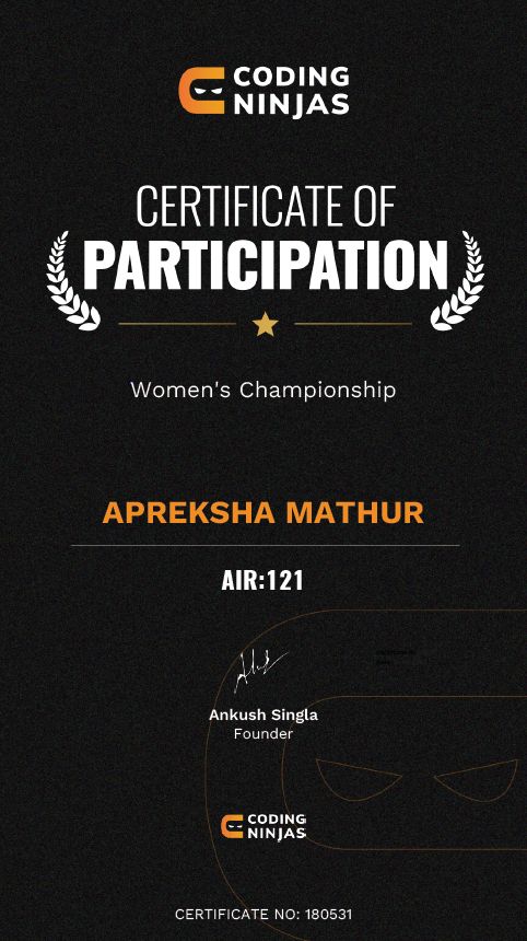 Apreksha Mathur on LinkedIn: #codingninjas #womenscodingchallenge #coding Apreksha Mathur on LinkedIn: #codingninjas #womenscodingchallenge #coding