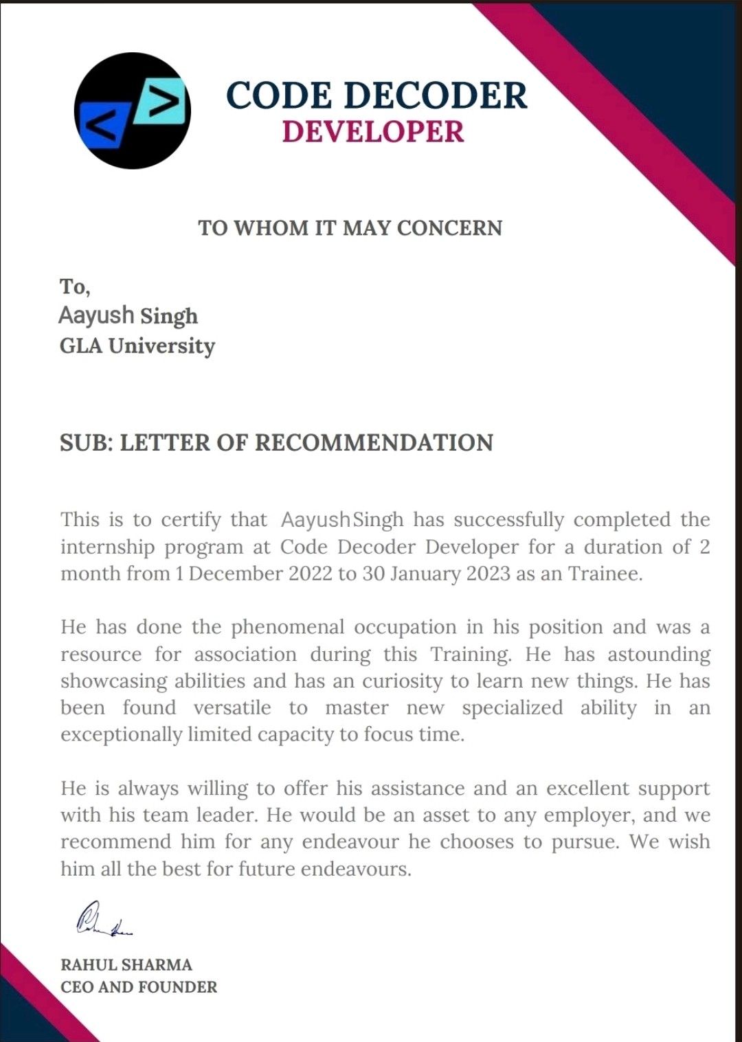 Aayush singh(Reetwik Singh) on LinkedIn: #internship Aayush singh(Reetwik Singh) on LinkedIn: #internship
