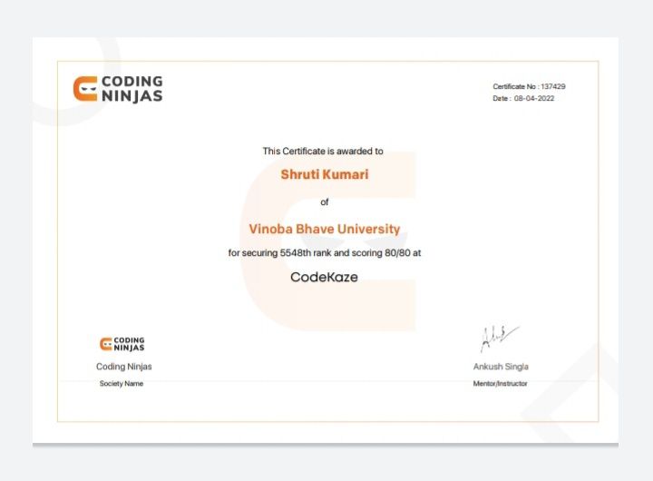 Shruti Kumari on LinkedIn: #codingninjas #codekaze Shruti Kumari on LinkedIn: #codingninjas #codekaze