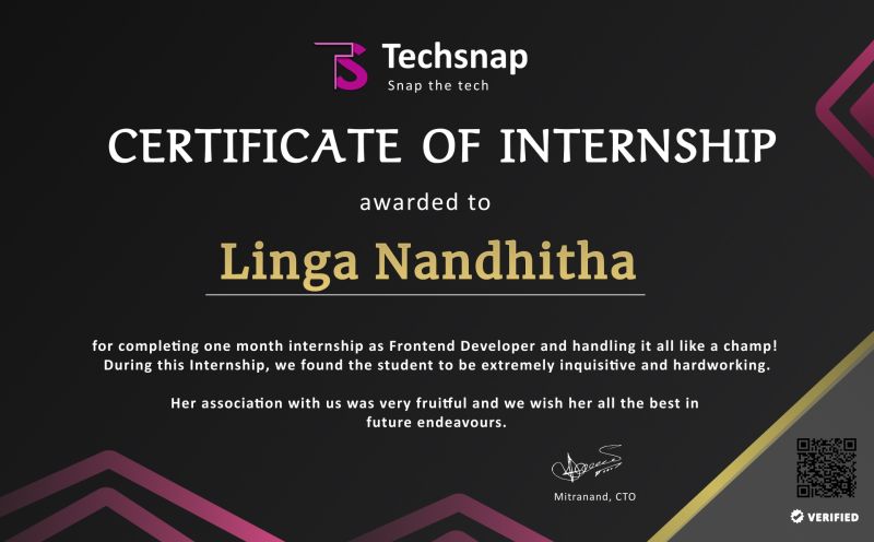 LINGA NANDHITHA on LinkedIn: #techsnap #frontenddeveloper #intenship # ... LINGA NANDHITHA on LinkedIn: #techsnap #frontenddeveloper #intenship # ...
