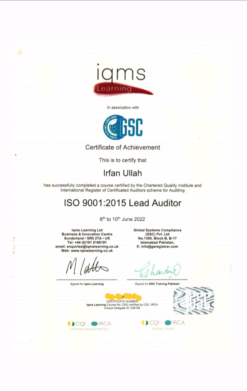 Engr Irfan ullah on LinkedIn: Alhumduillah Recieved my QMS certificate Engr Irfan ullah on LinkedIn: Alhumduillah Recieved my QMS certificate