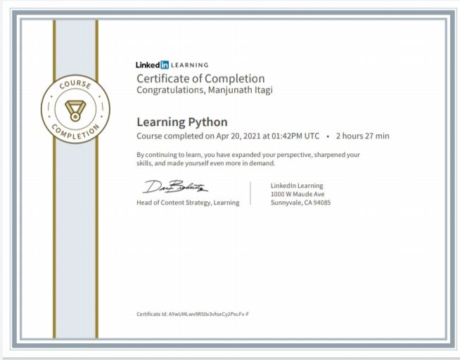 Manjunath Itagi on LinkedIn: certificate of Linkedin learning python ... Manjunath Itagi on LinkedIn: certificate of Linkedin learning python ...