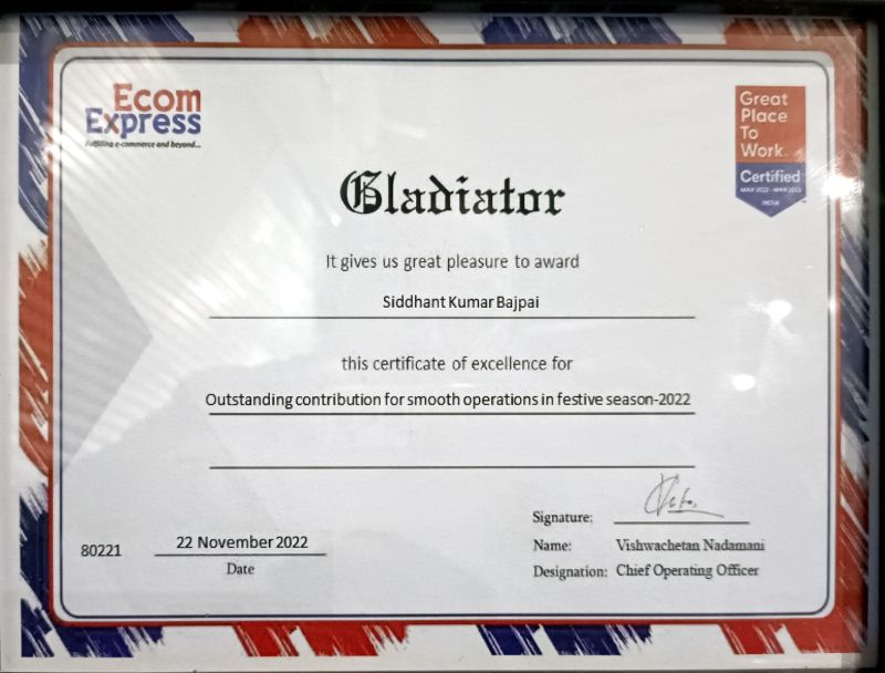Siddhant Kumar Bajpai on LinkedIn: Received Gladiator Award Siddhant Kumar Bajpai on LinkedIn: Received Gladiator Award