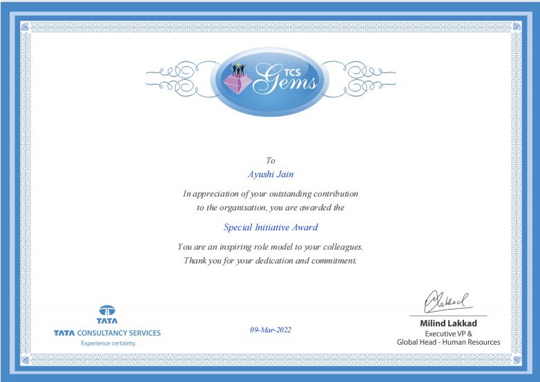 Ayushi Jain on LinkedIn: Got my first TCS Gems Award in 1st Quarter ... Ayushi Jain on LinkedIn: Got my first TCS Gems Award in 1st Quarter ...