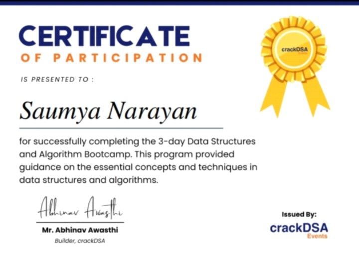Saumya Narayan on LinkedIn: ABHINAV AWASTHI Crack DSA Saumya Narayan on LinkedIn: ABHINAV AWASTHI Crack DSA