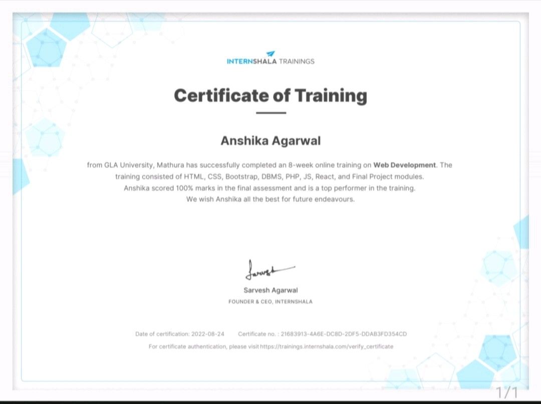 Anshika Agarwal on LinkedIn: #training #internshala #webdevelopment #share Anshika Agarwal on LinkedIn: #training #internshala #webdevelopment #share