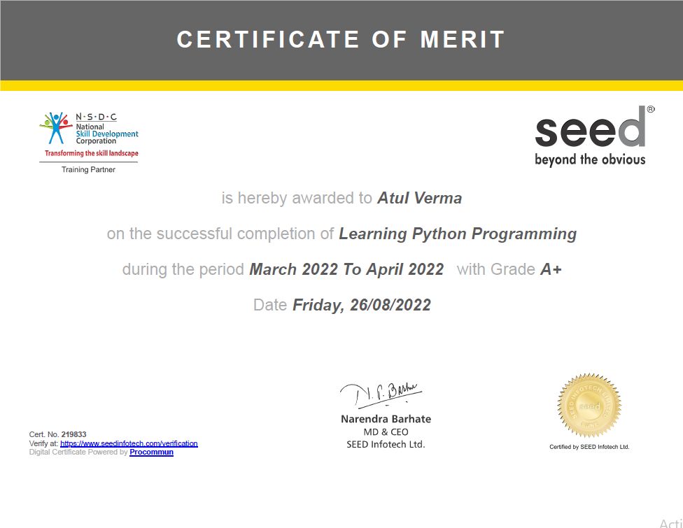 Atul Verma on LinkedIn: Completed Python Certification from SEED ... Atul Verma on LinkedIn: Completed Python Certification from SEED ...