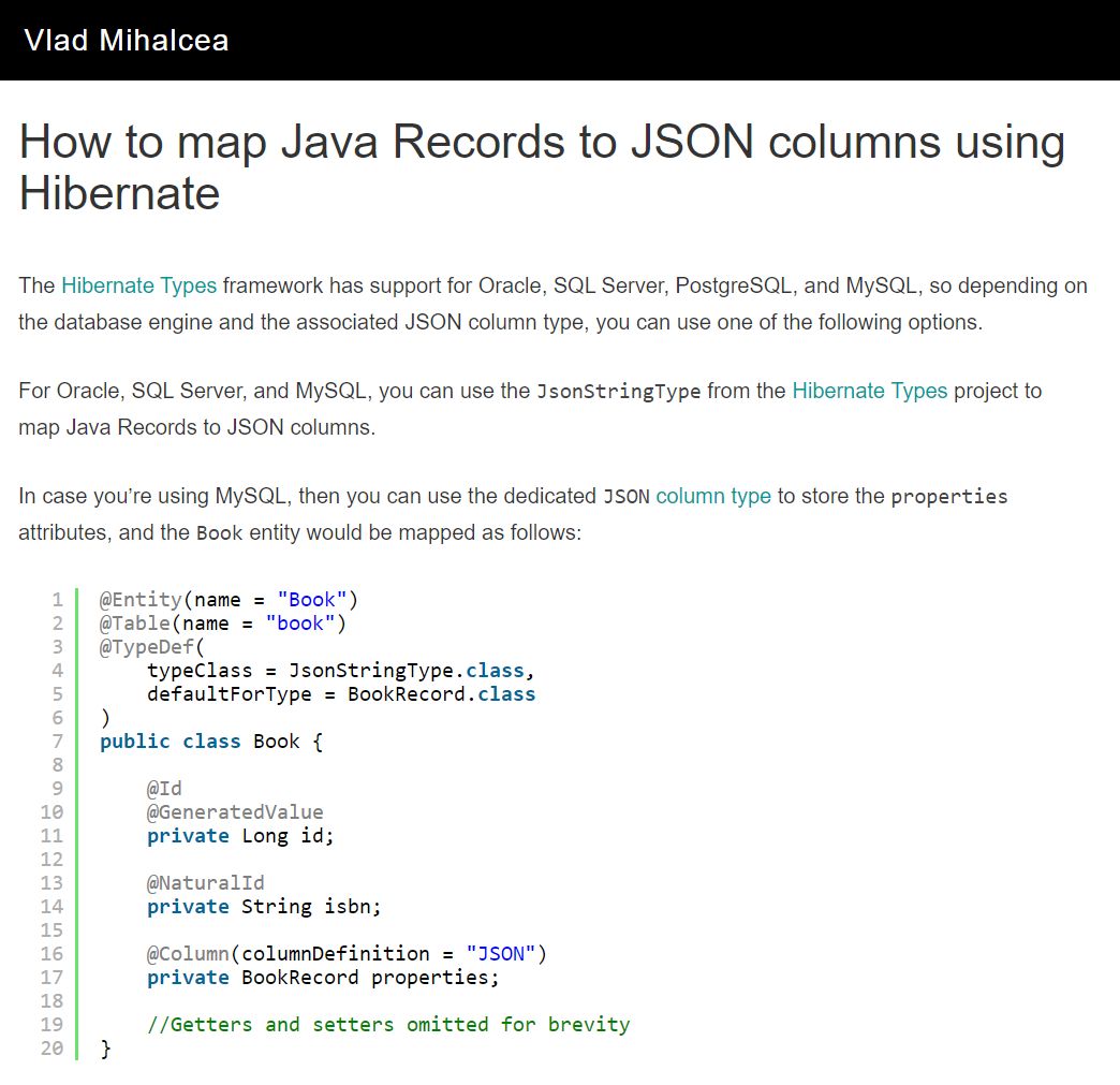 Vlad Mihalcea on LinkedIn: Mapping Java Records to JSON columns using ... Vlad Mihalcea on LinkedIn: Mapping Java Records to JSON columns using ...