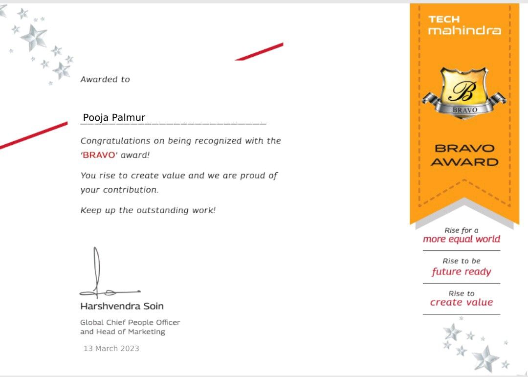 Pooja Palmur on LinkedIn: #techmahindra #firstaward | 12 comments Pooja Palmur on LinkedIn: #techmahindra #firstaward | 12 comments