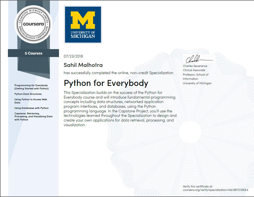 Sahil Malhotra on LinkedIn: Python Specialization Course (comprised of ... Sahil Malhotra on LinkedIn: Python Specialization Course (comprised of ...