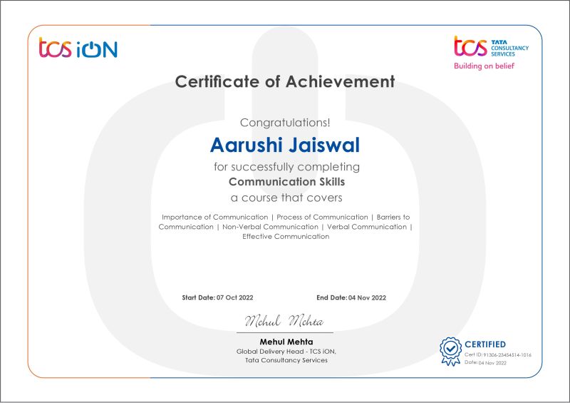 AARUSHI JAISWAL on LinkedIn: Completed course on Communication Skills. AARUSHI JAISWAL on LinkedIn: Completed course on Communication Skills.