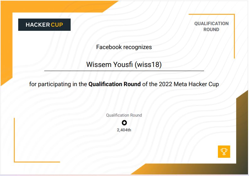 Wissem Yousfi on LinkedIn: My first participation in Meta Hacker Cup Wissem Yousfi on LinkedIn: My first participation in Meta Hacker Cup