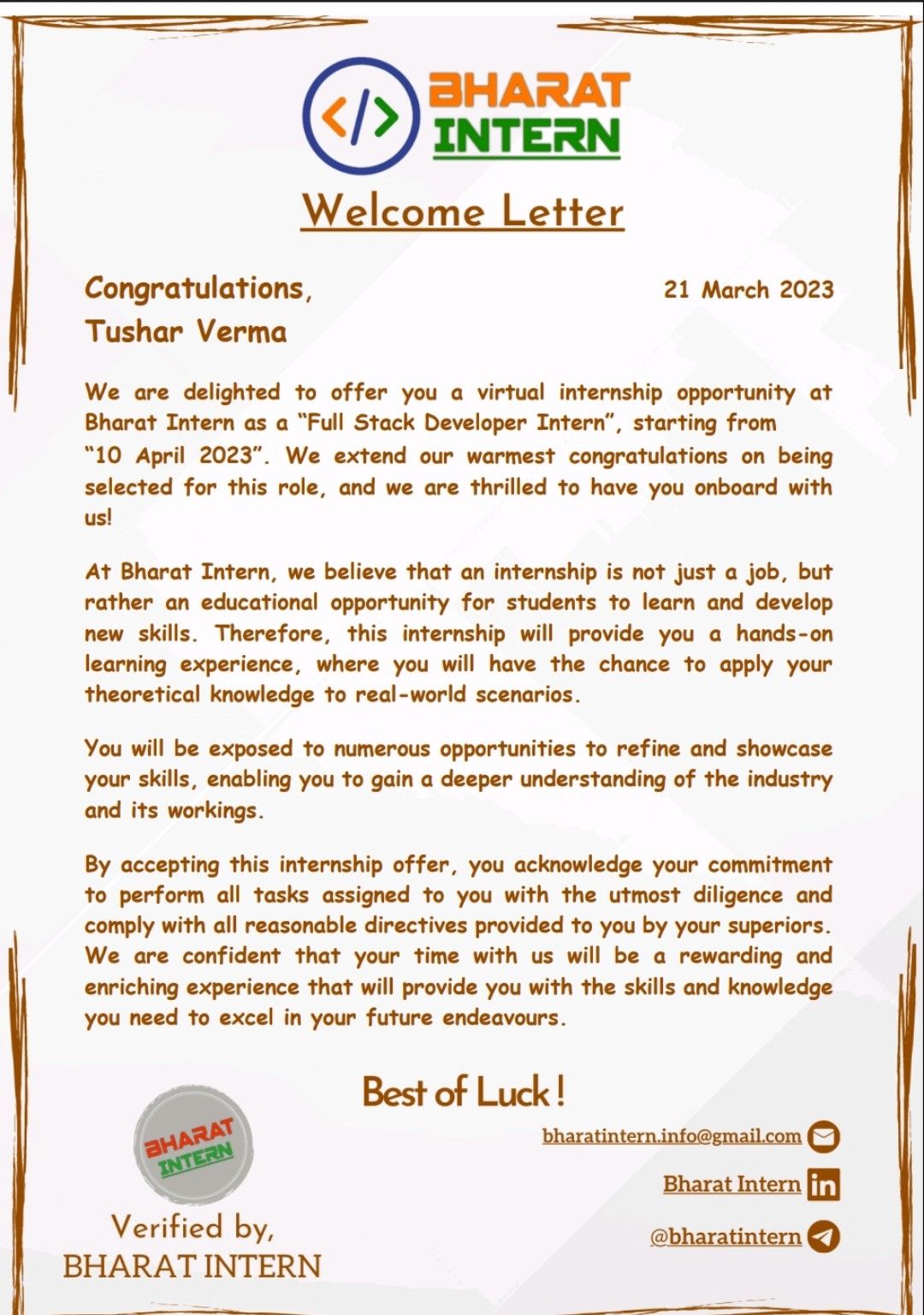 Tushar Verma on LinkedIn: thank you Bharat Intern for giving me this ... Tushar Verma on LinkedIn: thank you Bharat Intern for giving me this ...