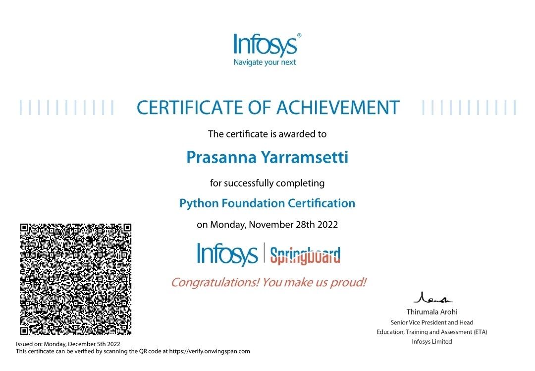 Prasanna Yarramsetti on LinkedIn: #python #infosysspringboard Prasanna Yarramsetti on LinkedIn: #python #infosysspringboard
